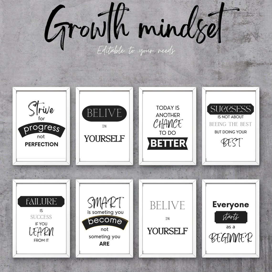 Growth Mindset Classroom Posters Simple Black and White or - Etsy