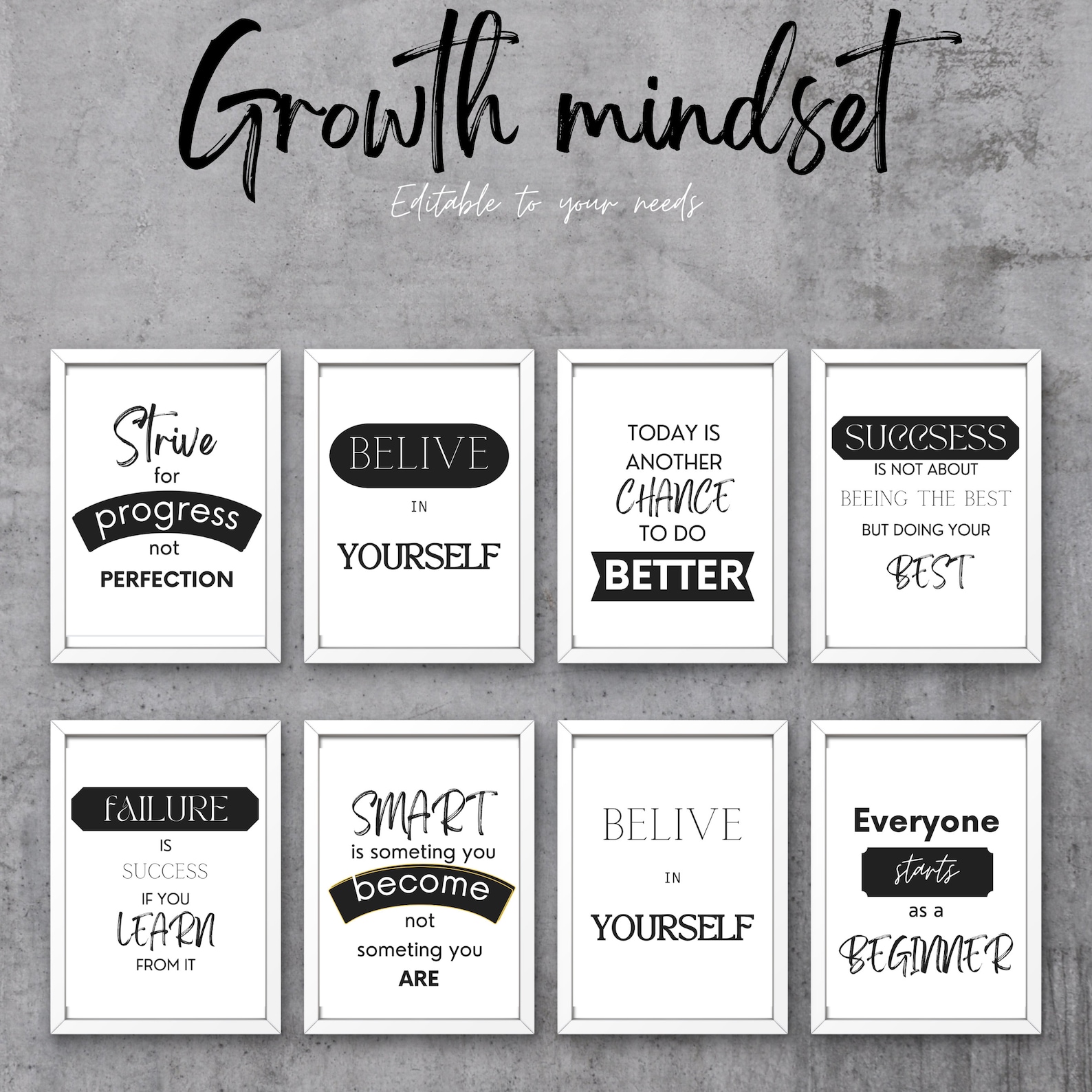 Growth Mindset Classroom Posters Simple Black and White or - Etsy