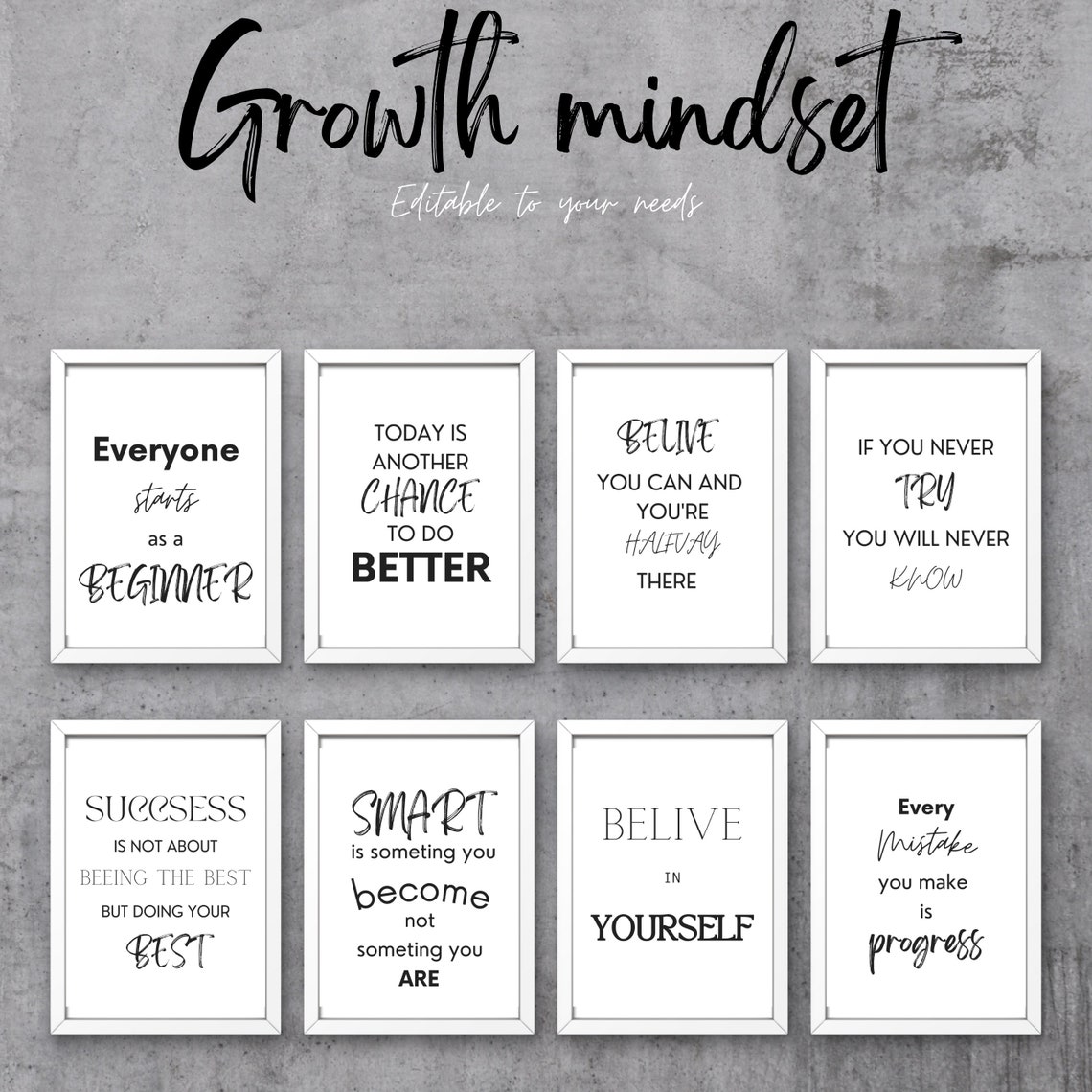 Growth Mindset Classroom Posters Simple Black and White or - Etsy