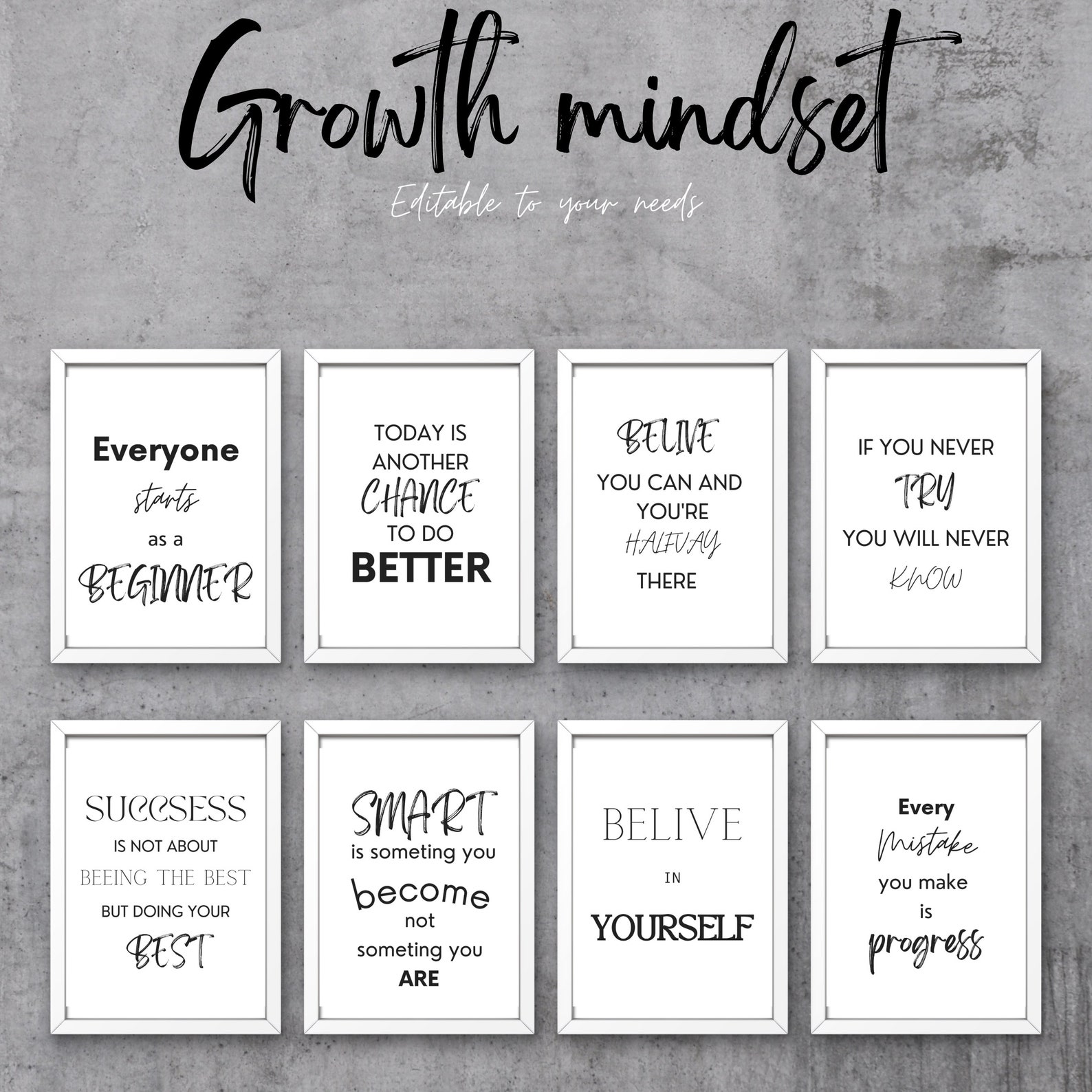 Growth Mindset Classroom Posters Simple Black and White or - Etsy