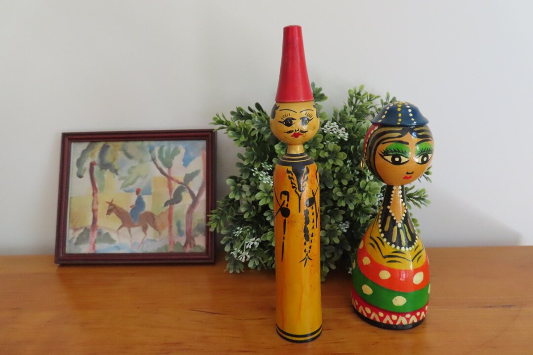 Vintage Pair of Egyptian Folk Art Spindle Peg Bobbin Dolls - Etsy