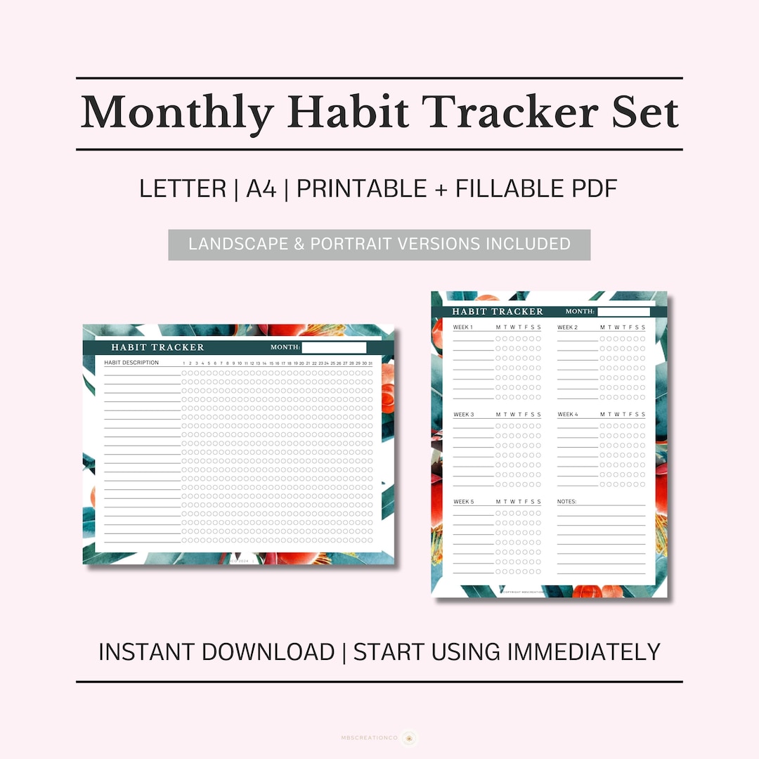 Monthly Habit Tracker Set Aust Native Floral, Routine Tracker, Goal ...