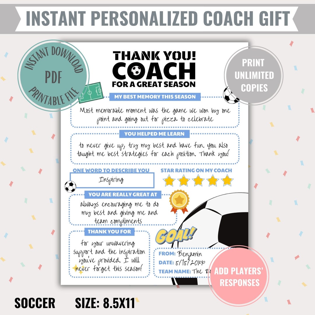 All About My Soccer Coach Printable Gift Instant Digital Download ...