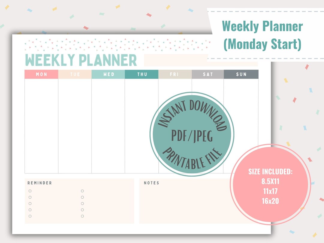 Monday Start Weekly Planner: Printable Schedule (PDF & JPEG) - Etsy
