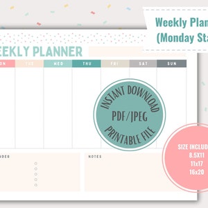 Weekly Planner, Weekly Schedule, Printable Weekly Planner, Monday Start ...