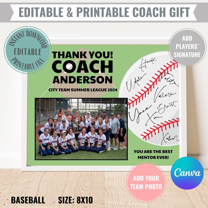 Editable Baseball Coach Gift Printable Instant Digital Download Thank ...