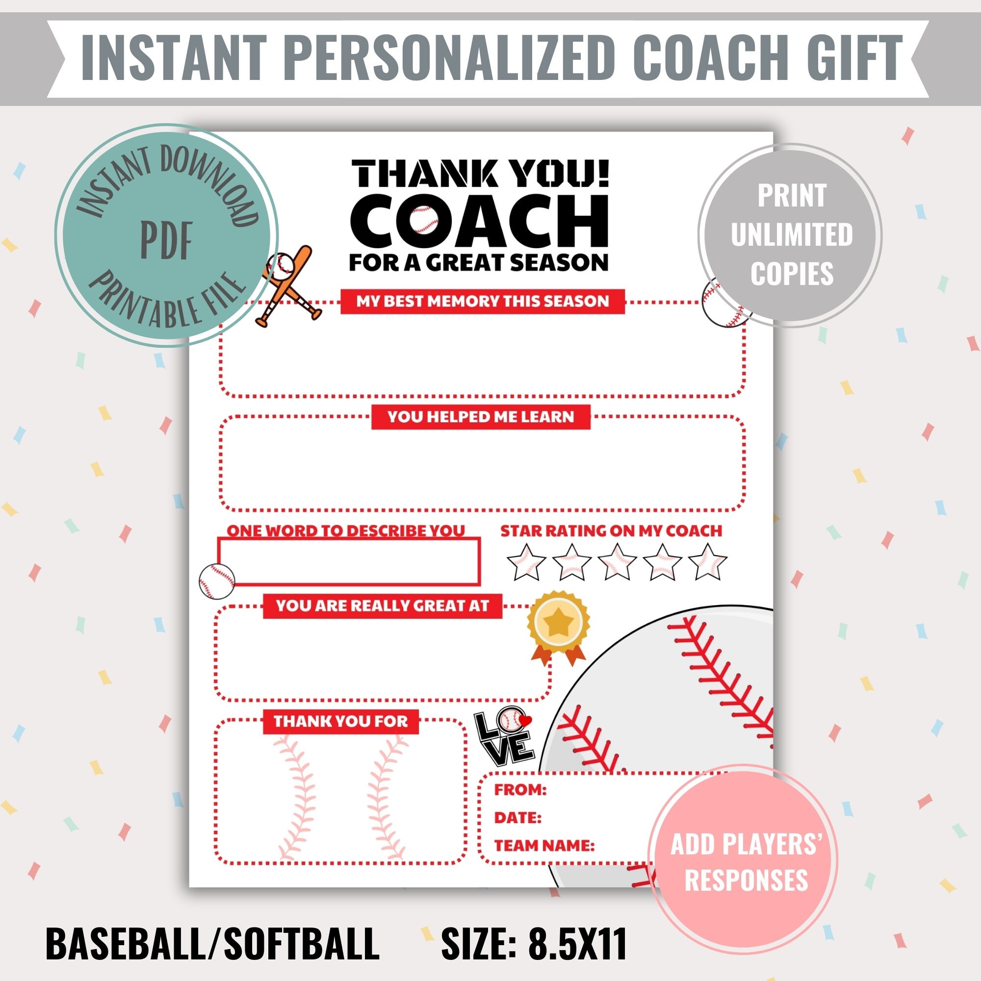 All About My Baseball Coach Printable Gift Instant Digital Download ...