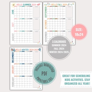 Summer Fall Winter 2024 2025 Large Calendar Planner Printable Digital ...