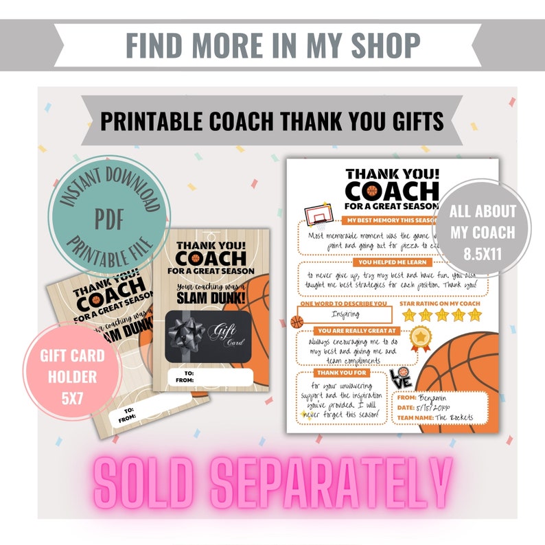 Editable Basketball Coach Gift Printable Instant Digital Download ...