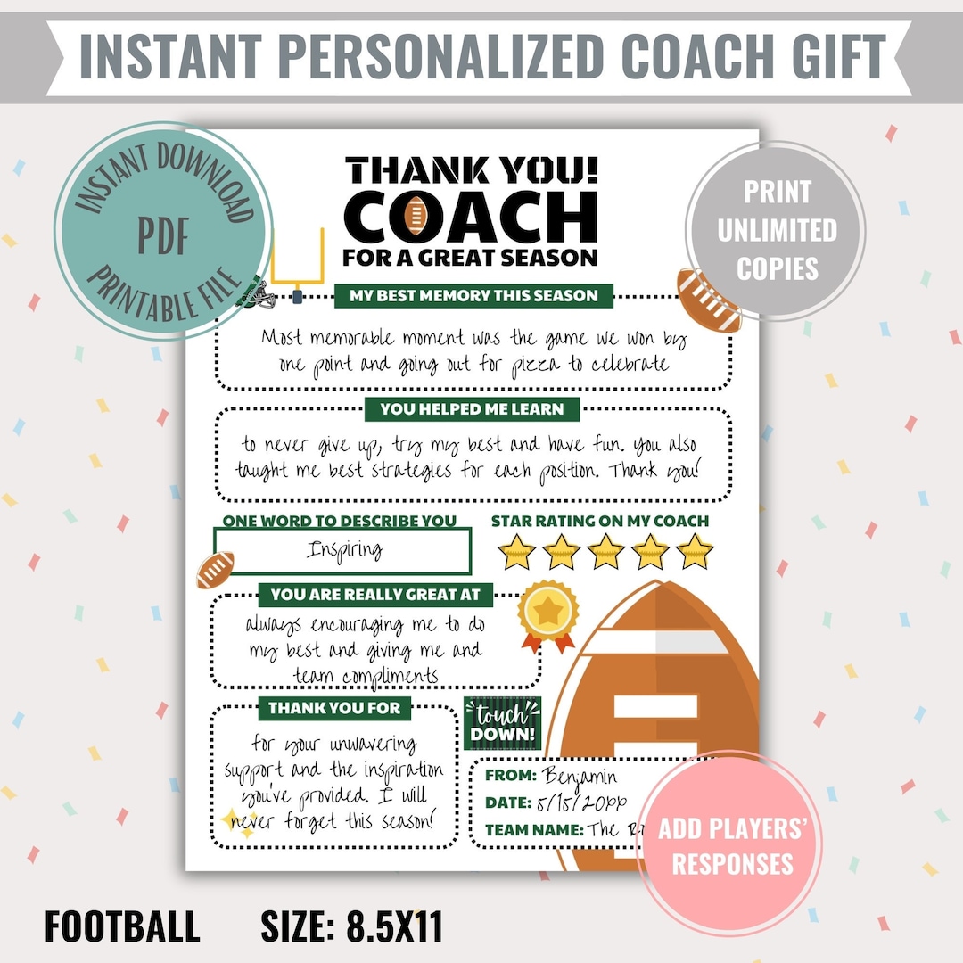 Football Coach Thank You Gift: Printable Team Appreciation Card ...