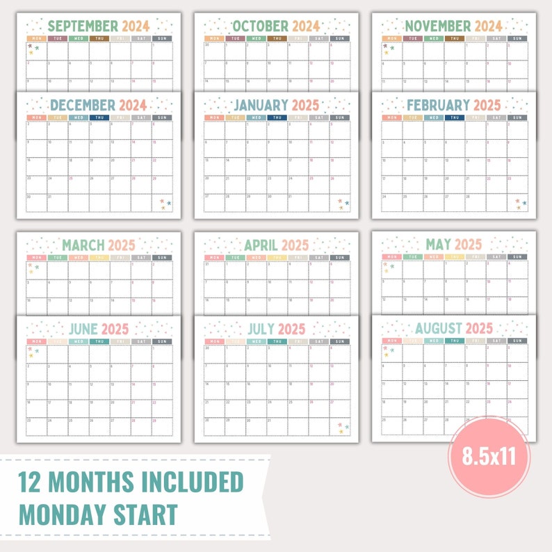 12 Monthly Calendar School Year Calendar 2024-2025 Printable School ...