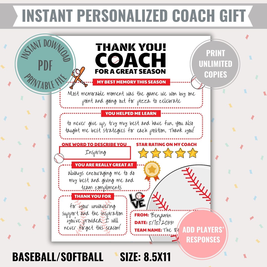 All About My Baseball Coach Printable Gift Instant Digital Download ...