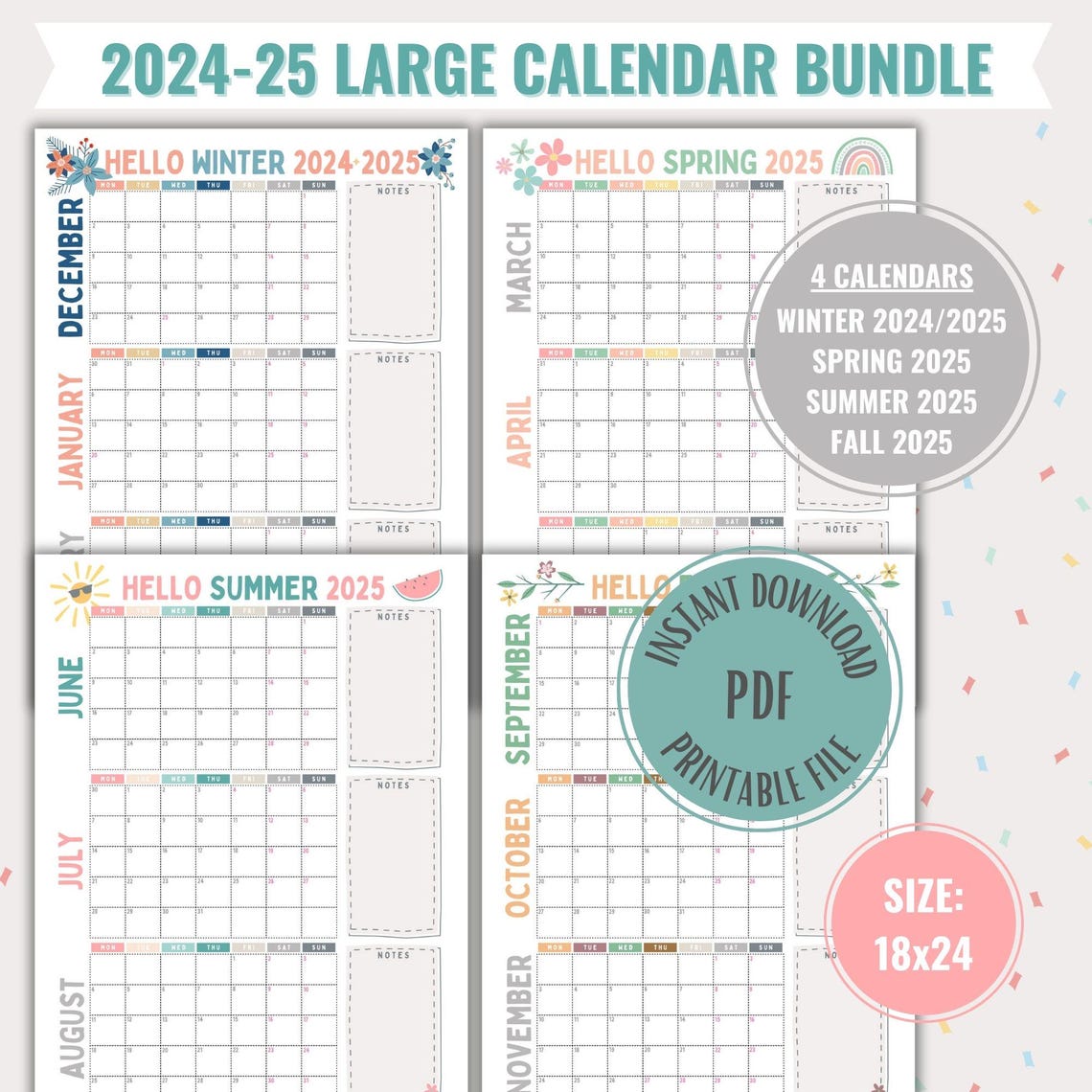 Summer Fall Winter 2024 2025 Large Calendar Planner Printable Digital ...