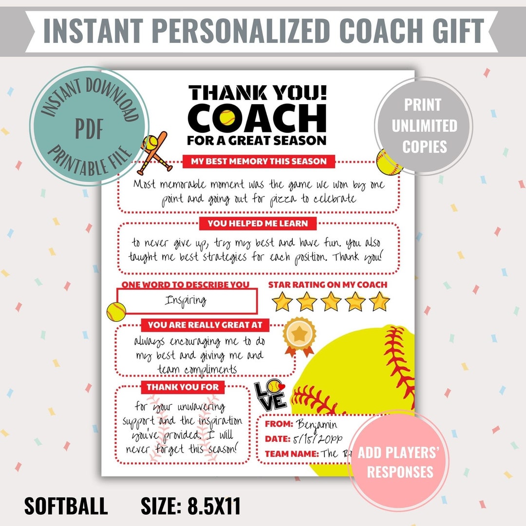 Softball Coach Thank You Gift: Printable Team Appreciation Card ...