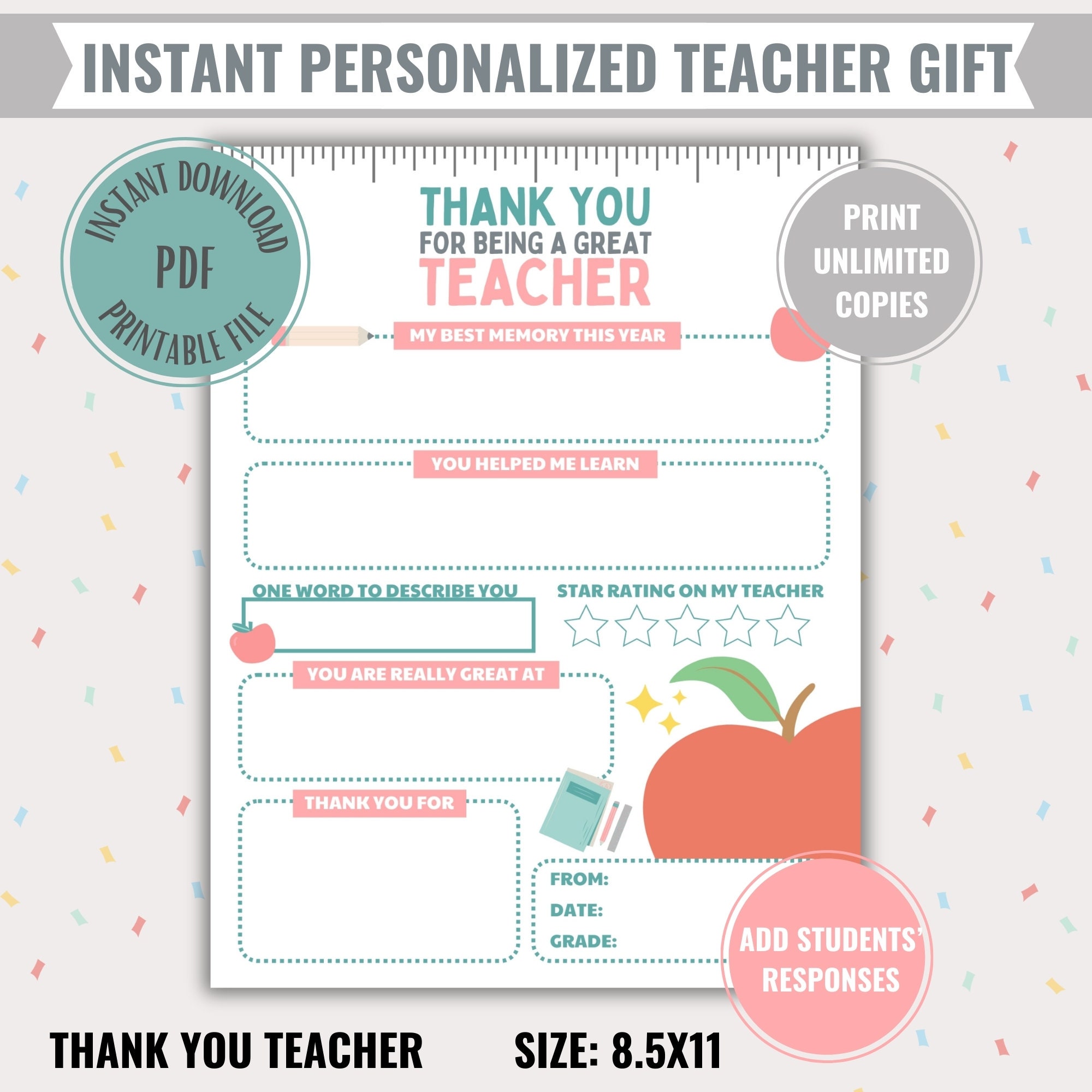 All About My Teacher Printable Gift Instant Digital Download ...