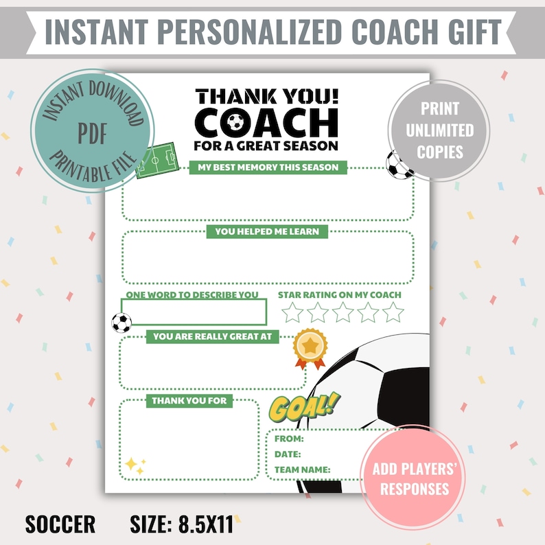 Soccer Coach Thank You Gift: Printable Team Appreciation Card (digital ...