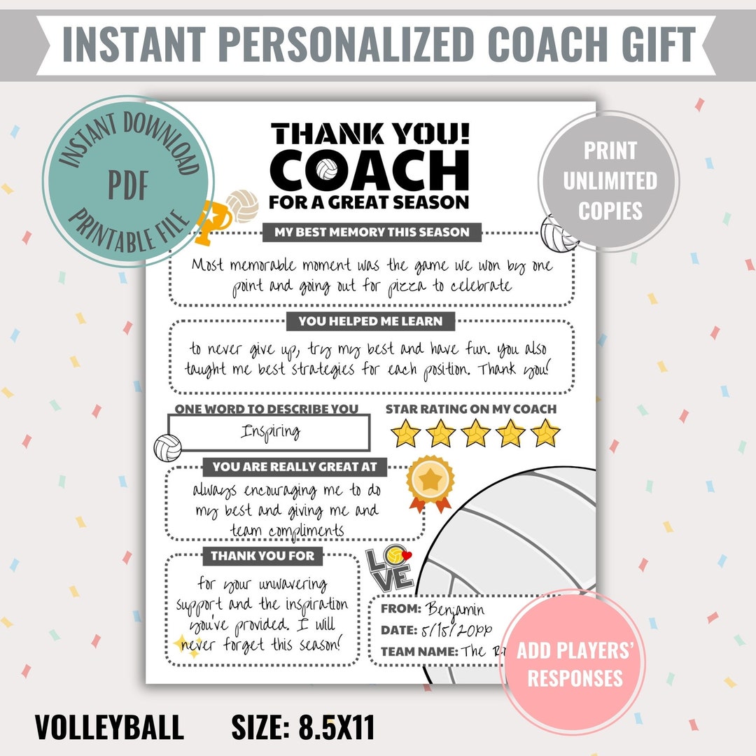 Volleyball Coach Thank You Gift: Printable Team Appreciation Card ...