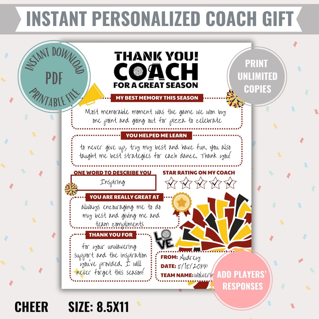 Cheer Coach Thank You Gift: Personalized Team Appreciation Card ...