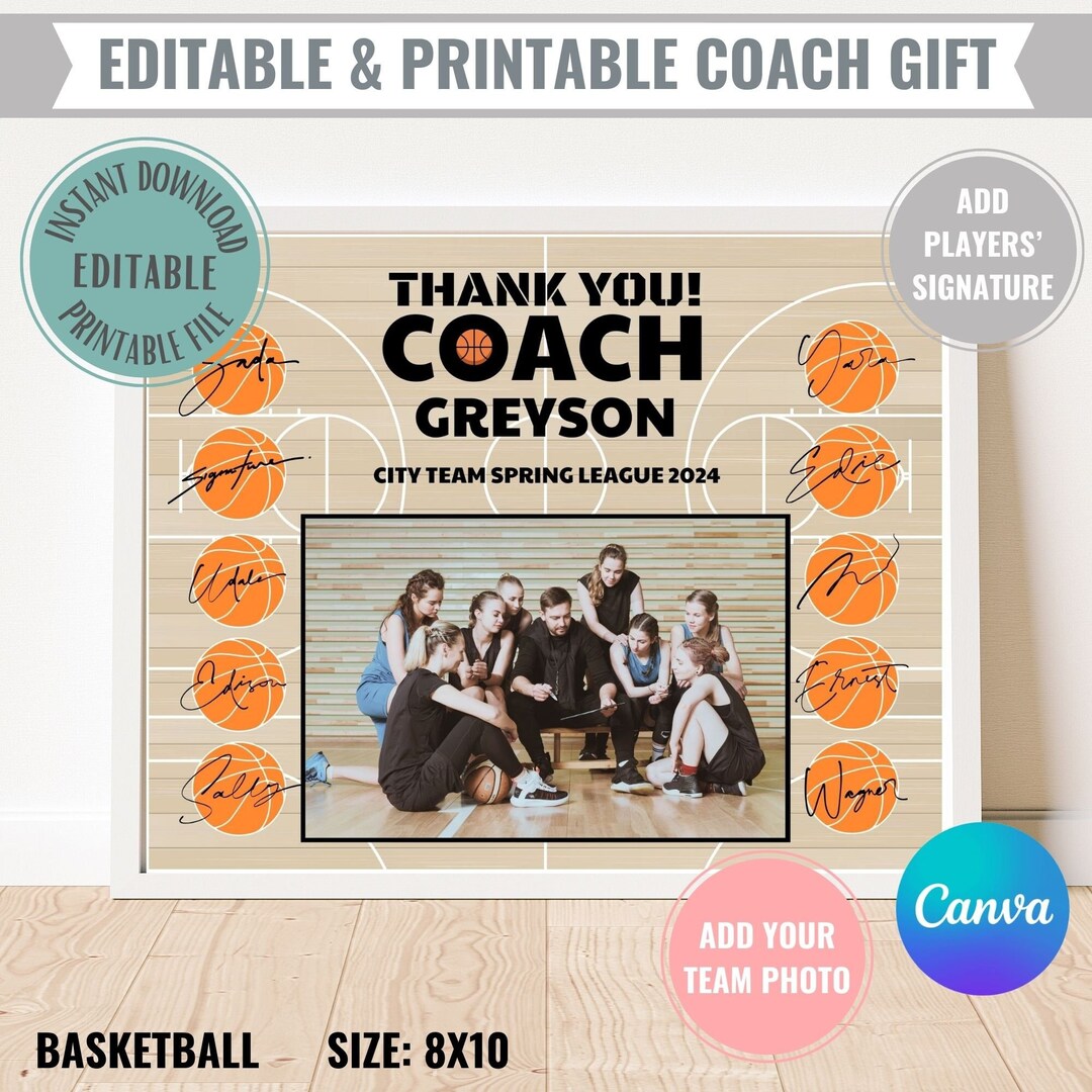 Basketball Coach Gift: Editable Team Photo, Thank You Certificate ...