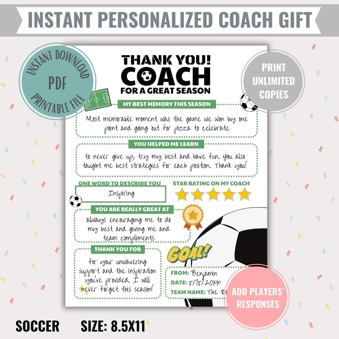 Soccer Coach Thank You Gift: Printable Team Appreciation Card (digital ...