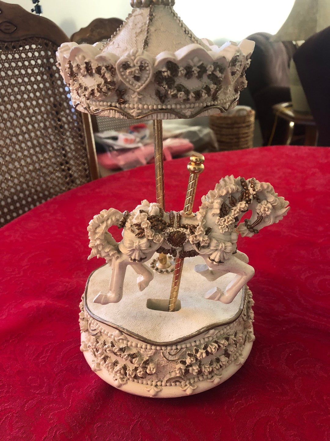 Music Box Carousel Canopy Animated Horse Floral Ivory Gold Tune ...