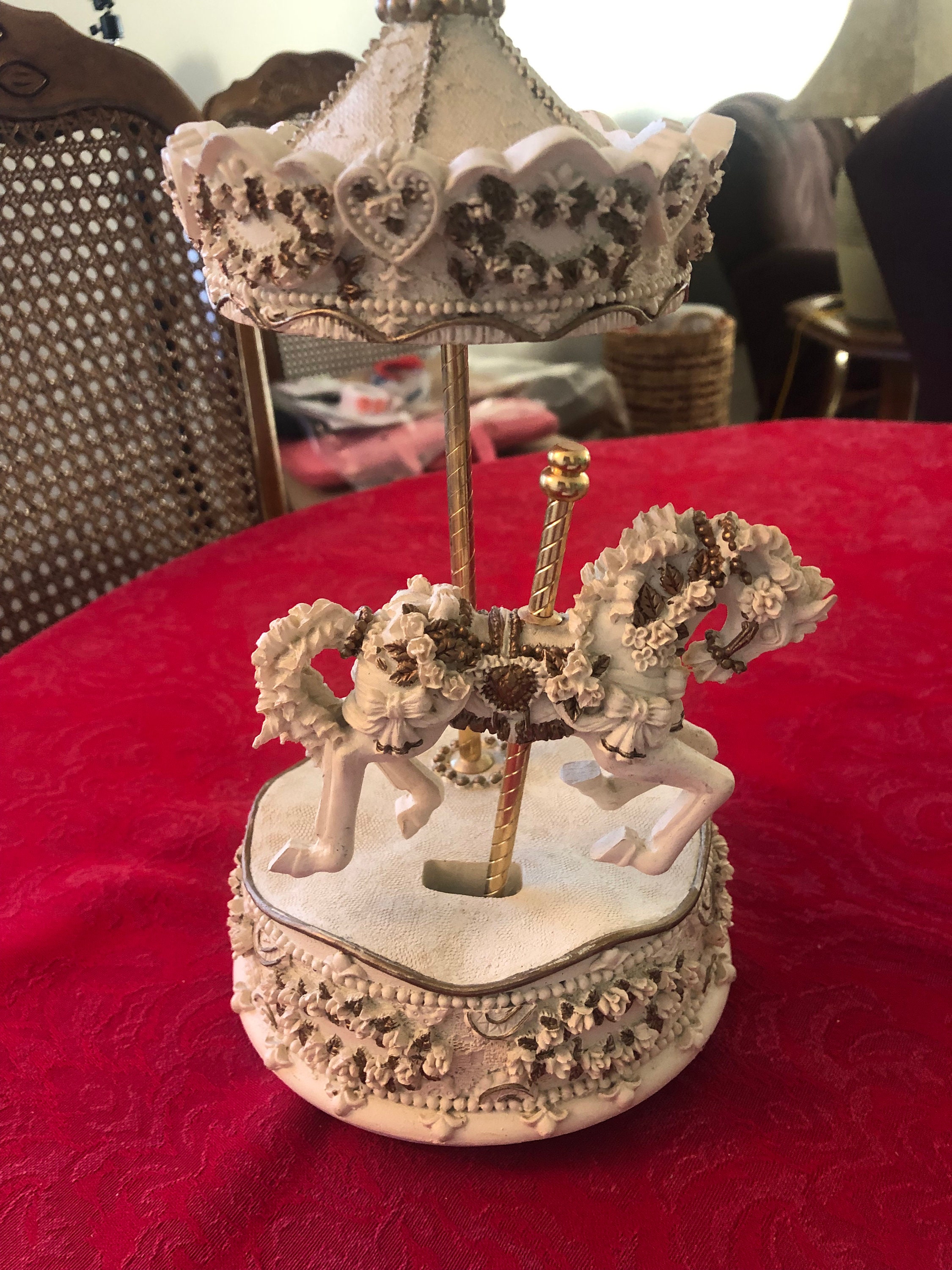 Music Box Carousel Canopy Animated Horse Floral Ivory Gold Tune ...