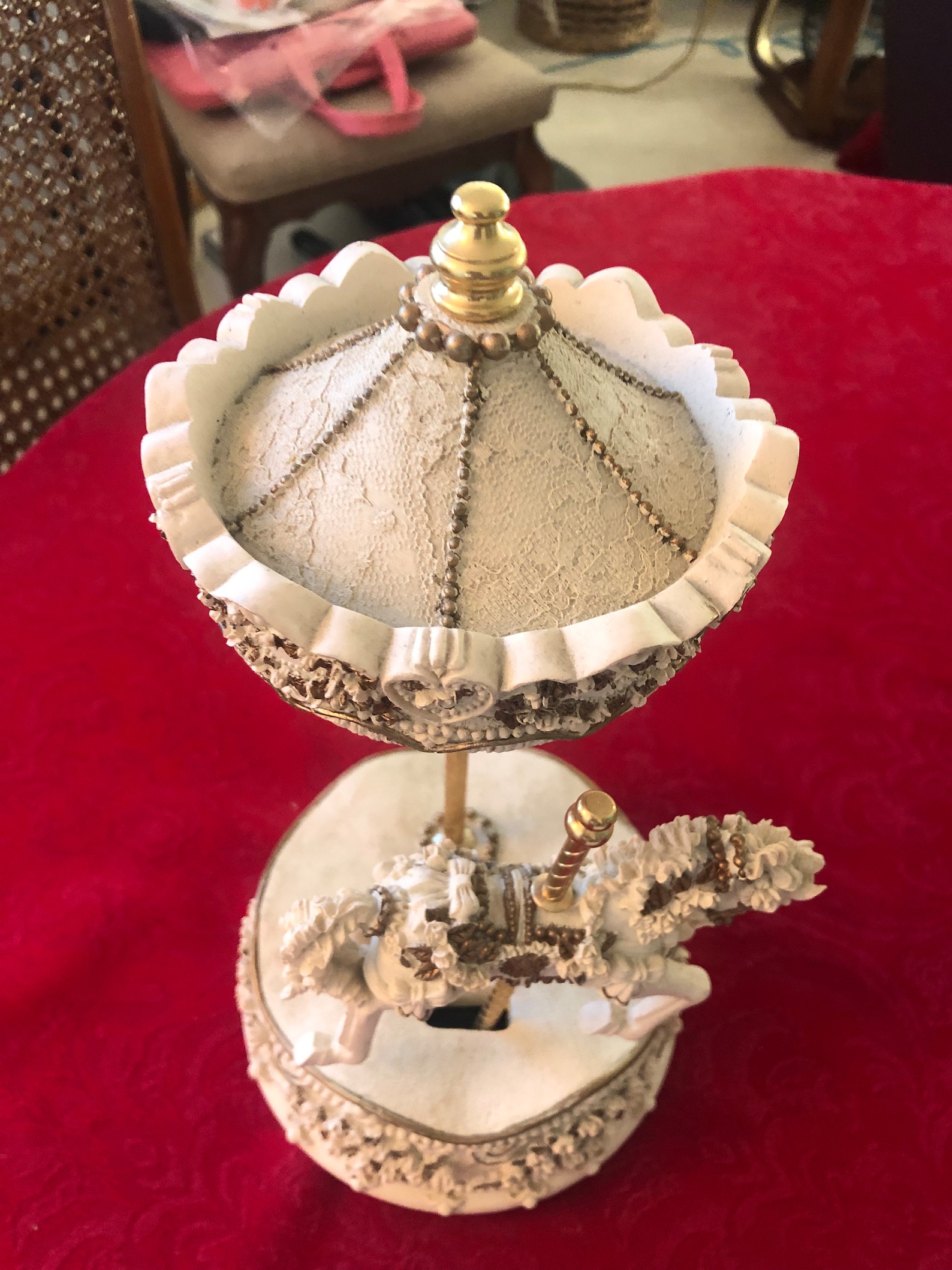 Music Box Carousel Canopy Animated Horse Floral Ivory Gold Tune ...