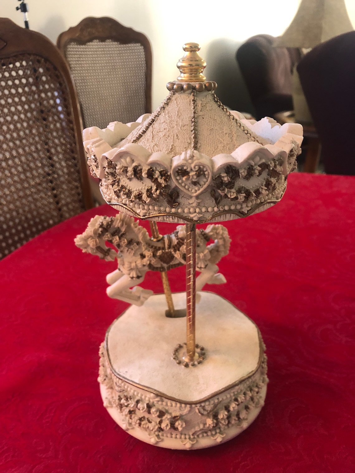 Music Box Carousel Canopy Animated Horse Floral Ivory Gold Tune ...