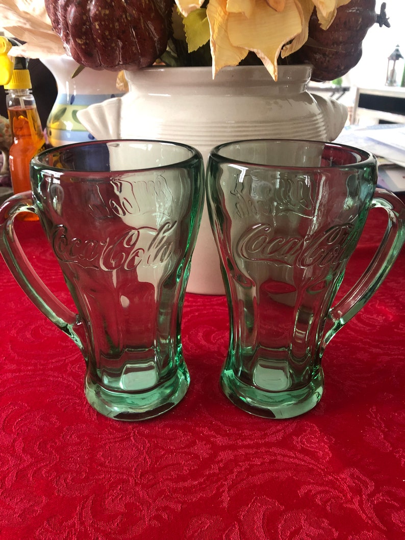Coca Cola Coke Glasses With Handle Green Mug Set of 2 Soda Pop 12 Oz ...
