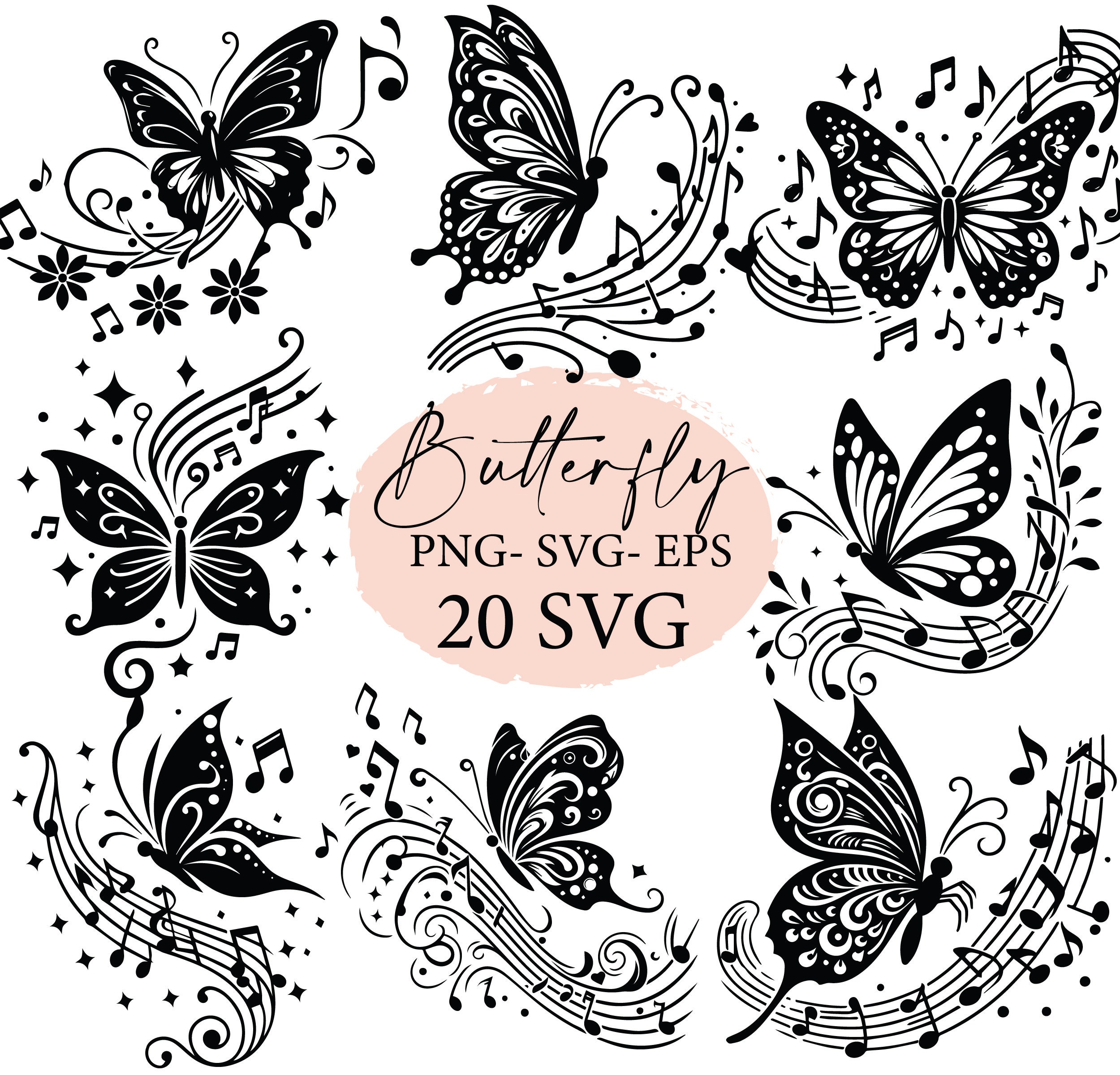 Butterfly, Music Note Svg, Elegant Butterfly With Music Notes ...
