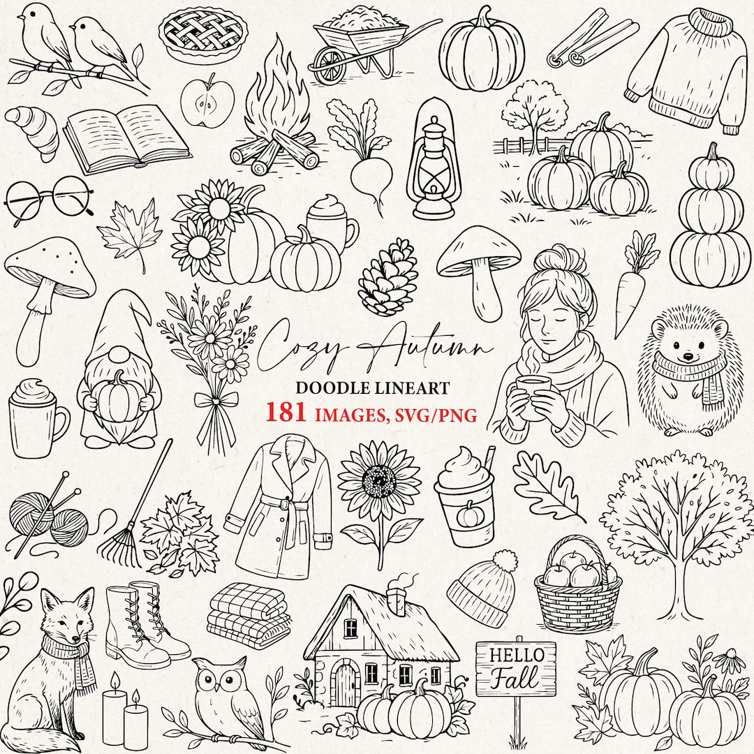 Cozy Fall Svg, Autumn Svg Bundle, Handrawn Doodle, Svg Files, Svg ...