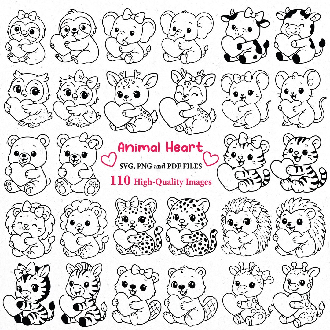 Cute Valentine's Animals SVG, Animal Heart Png, Valentine's PNG Bundle ...