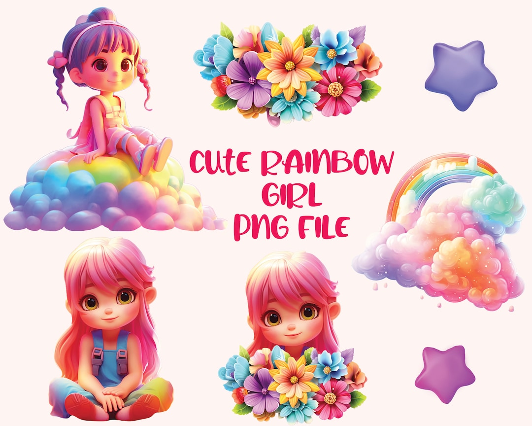 Cute Rainbow Girl Clipart PNG Rainbow Clouds Stars Cute - Etsy