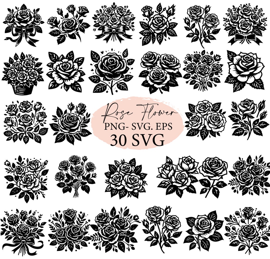 Rose Flowers SVG Cut File Bundle, Flower SVG, Svg Cricut, Doodle, Svg ...