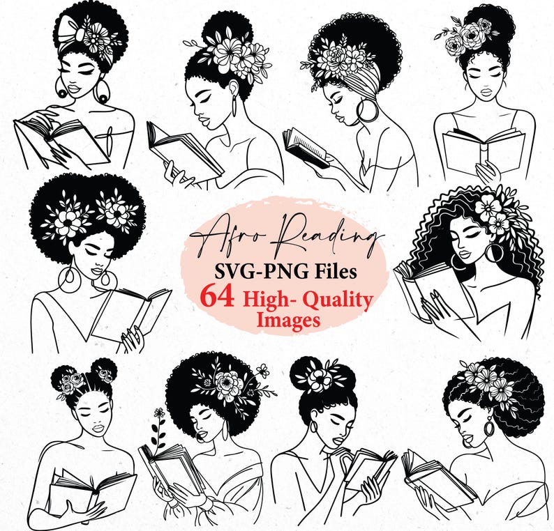 Elegant Woman, Book Svg, Afro Girl, Reading Book, Continuous Lineart ...