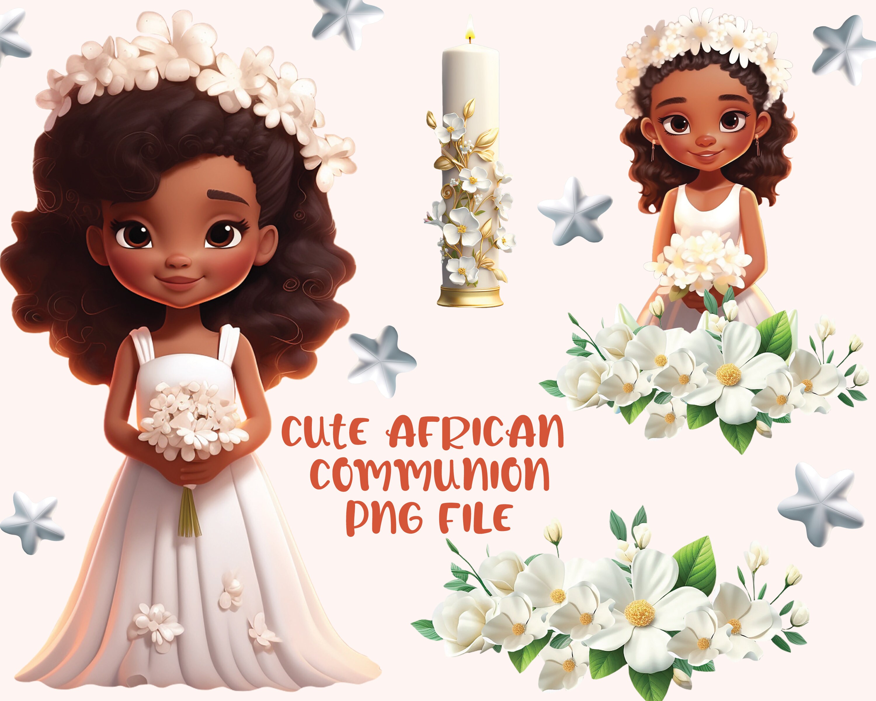 First Communion African Girl Clipart PNG, Bible, Rosary, Stars, Afro ...