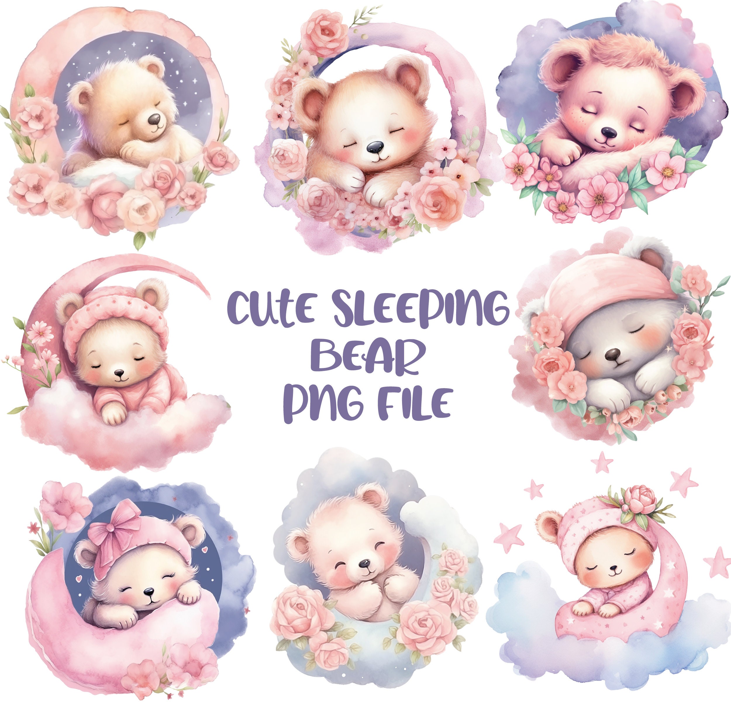 Cute Baby Bear Sleeping Clipart, PNG, Digital Clip Art, Printable ...