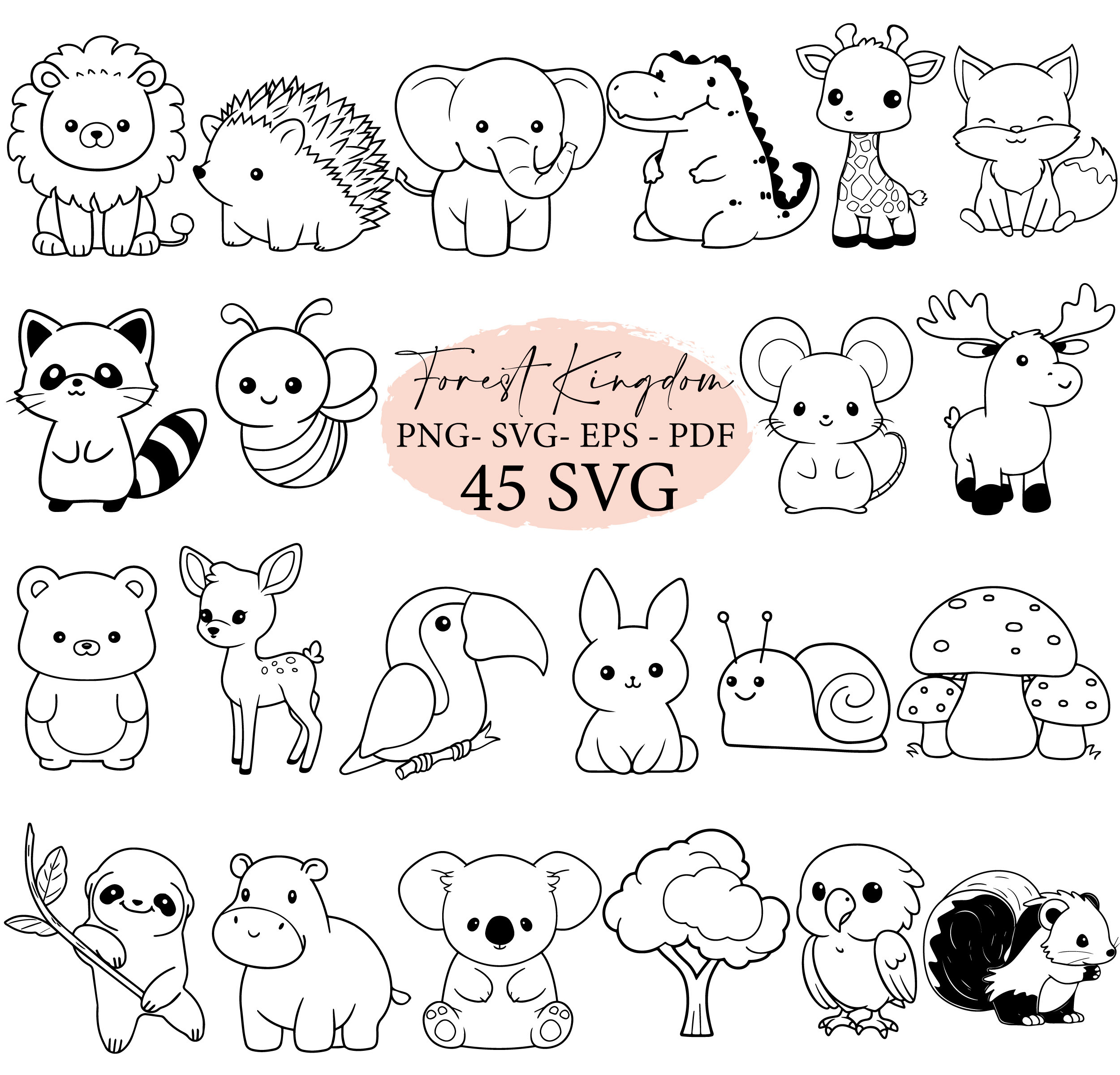 Cute Forest Animals SVG Bundle, Safari SVG, Svg Cricut, Doodle, Black ...
