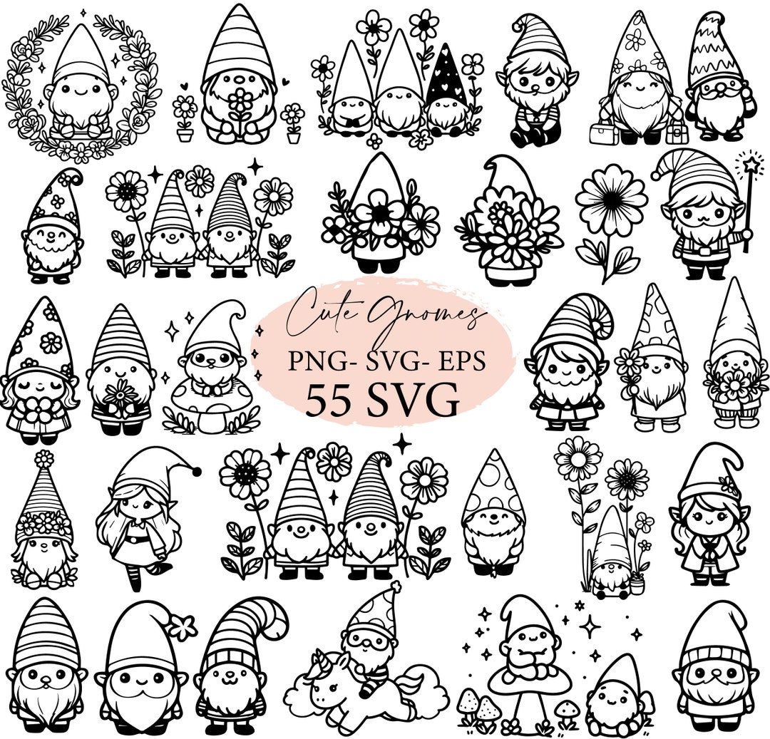 Cute Gnomes SVG Bundle, Flowers Svg, Svg Cricut, Doodle, Black and ...