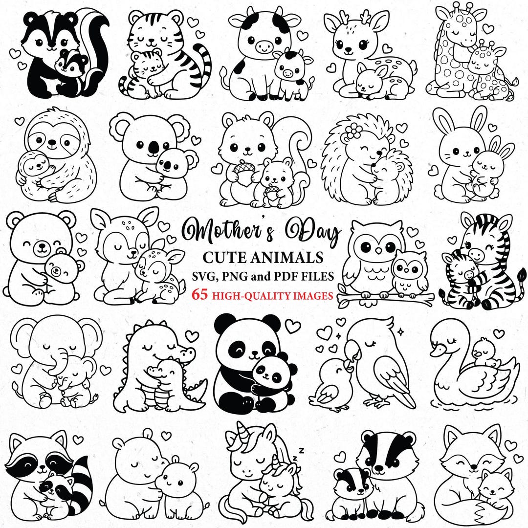 Cute Mother's Day SVG, Animals PNG, Mother's Day Clipart, Kawaii ...