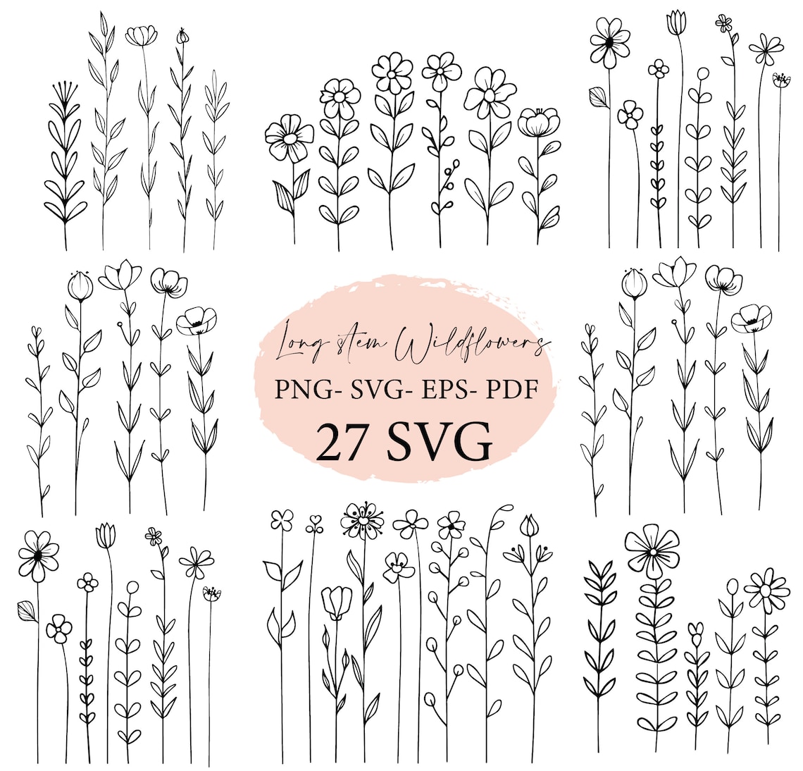 Long Stem Wildflowers, Flowers, SVG Cricut, Svg Bundle, Wedding Flowers ...