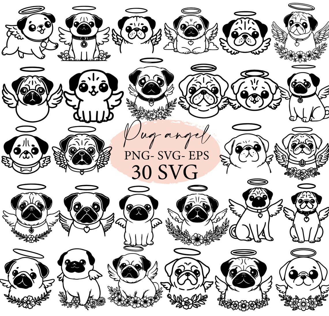 Cute Pug With Halo SVG Bundle, Dog SVG, Svg Cricut, Doodle, Handrawn ...