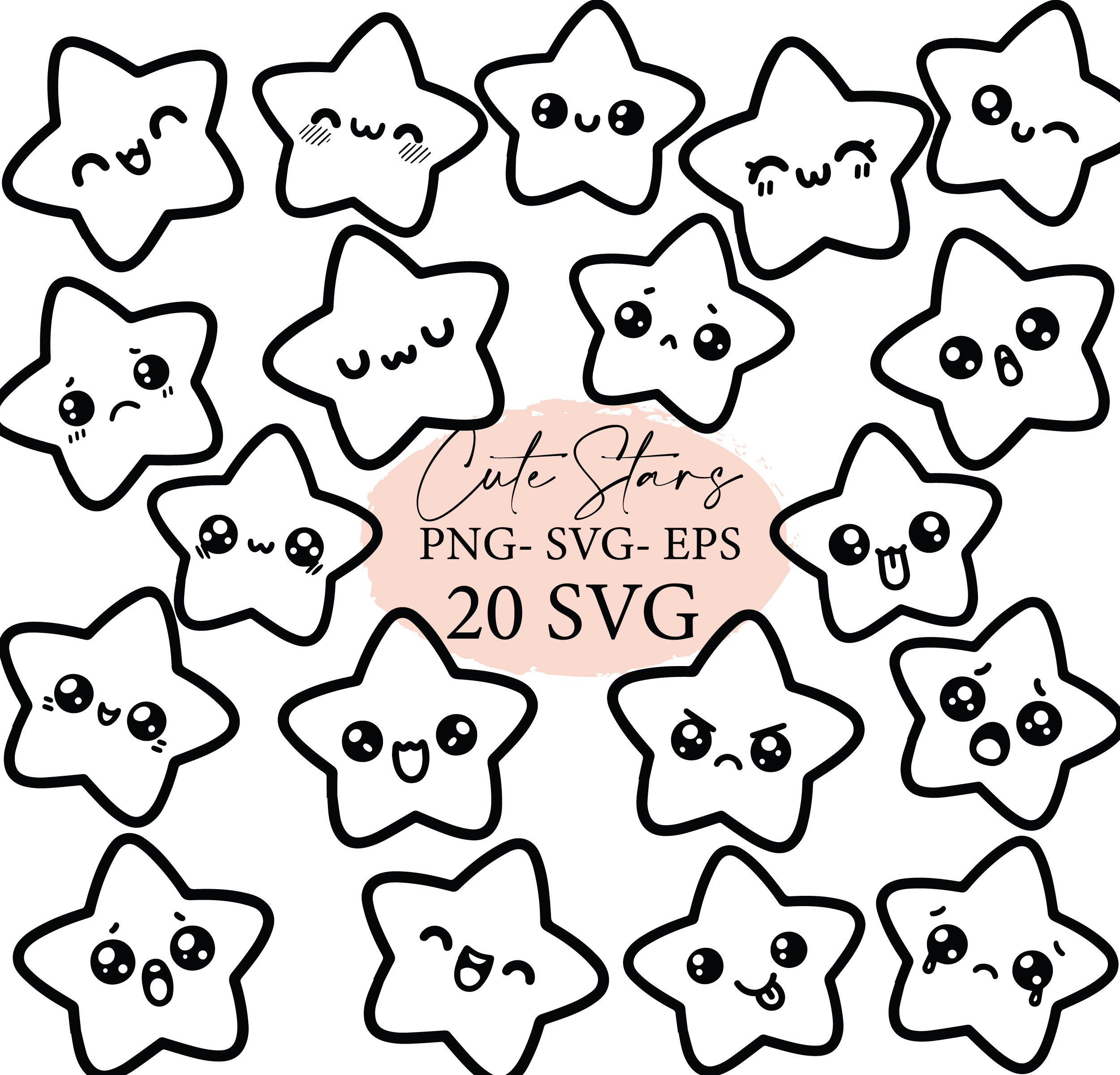 Star Svg, Cute Stars Kawaii, Svg Bundle, SVG Cricut, Doodle, Kawaii ...