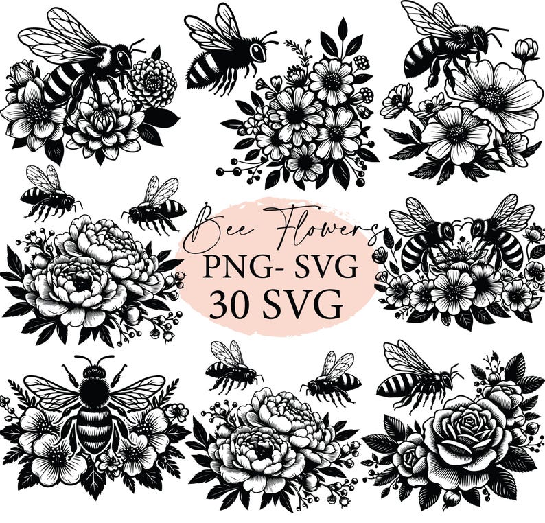 Bee Svg, Bee With Flowers Svg, Honey Bee Png, Flowers Svg, Nature Svg ...