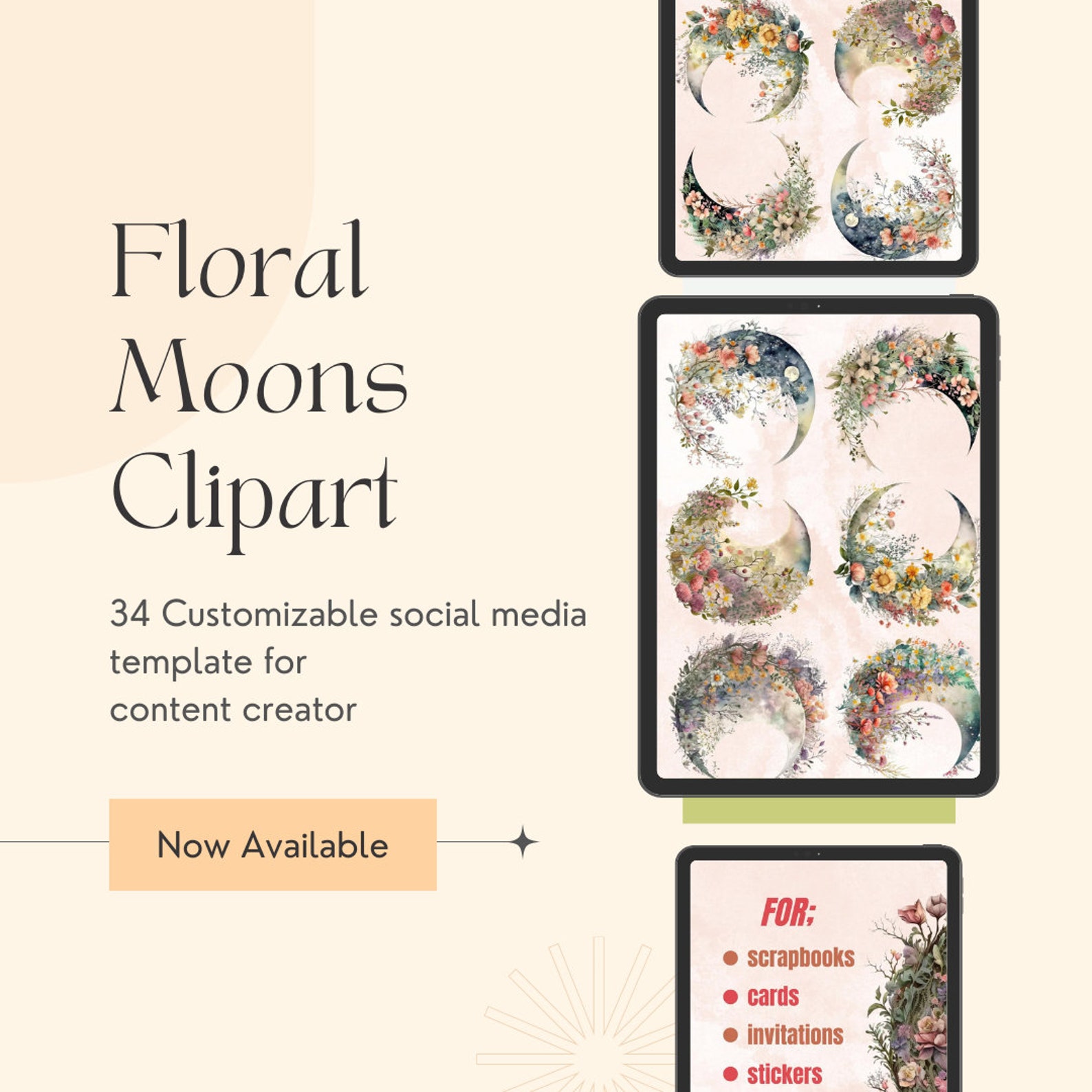Watercolor Floral Moons Clipart, Floral Crescent Moons With Flowers PNG ...