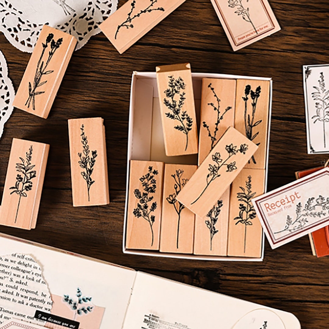 Flower and Plant Set Wooden Seal/fresh Retro Plant Flower Handbook Diy ...