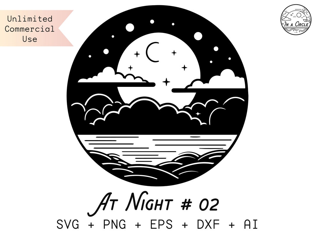 Night Moon Lake Round SVG | Night Sky PNG | Circular Sign | Logo Design ...