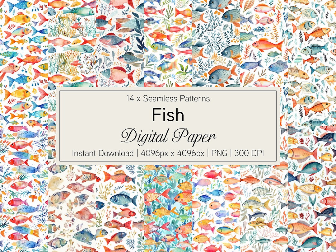 Watercolour Fish Digital Paper, Seamless Pattern, Scrapbook or Fabric ...
