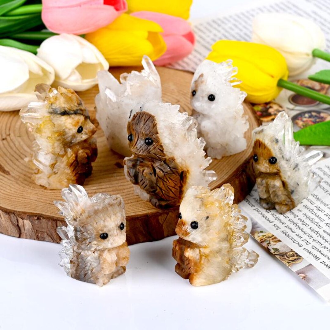 Hand-carved Crystal Hedgehog Figurines | Natural Cluster Stone Decor - Etsy