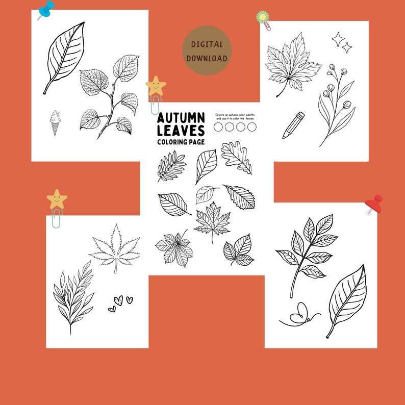 Autumun Leaves Coloring Pages, Kids Coloring Pages, 10 Printable Pages ...